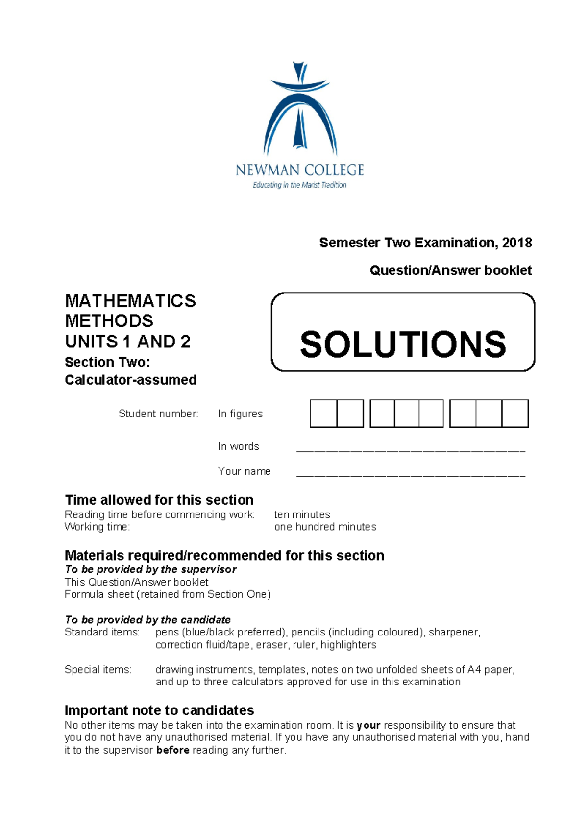 2018 Yr 11 Methods Semester 2 Exams Section 2 Solutions - Semester Two ...