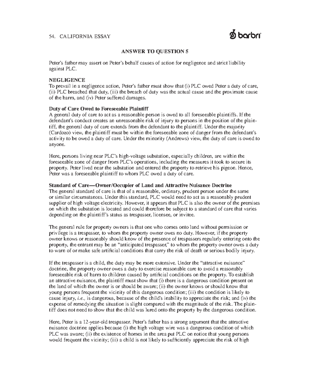 Answers TE3 = Barbri CA Essay Q5 - 54. CALIFORNIA ESSAY ANSWER TO ...