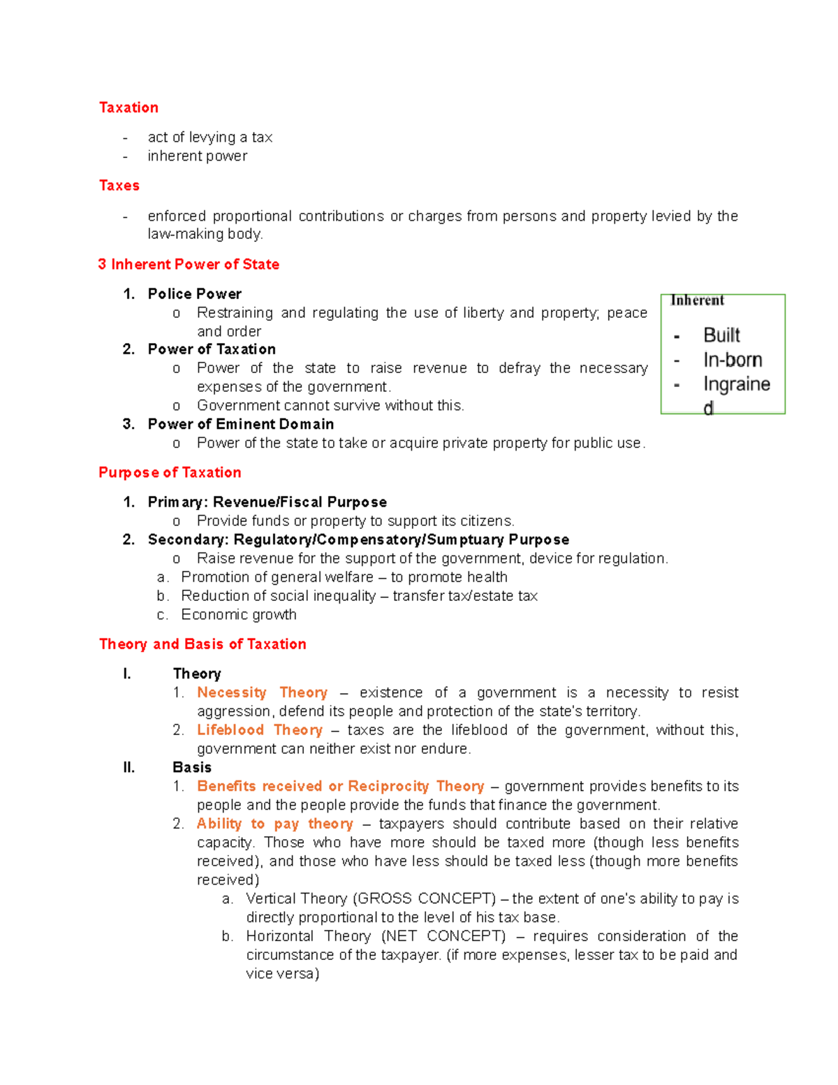 Taxation - ch1 - Taxation - act of levying a tax - inherent power Taxes ...
