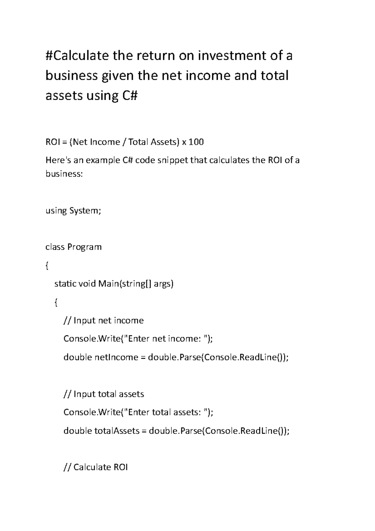 Net income and total assets using C# - #Calculate the return on ...