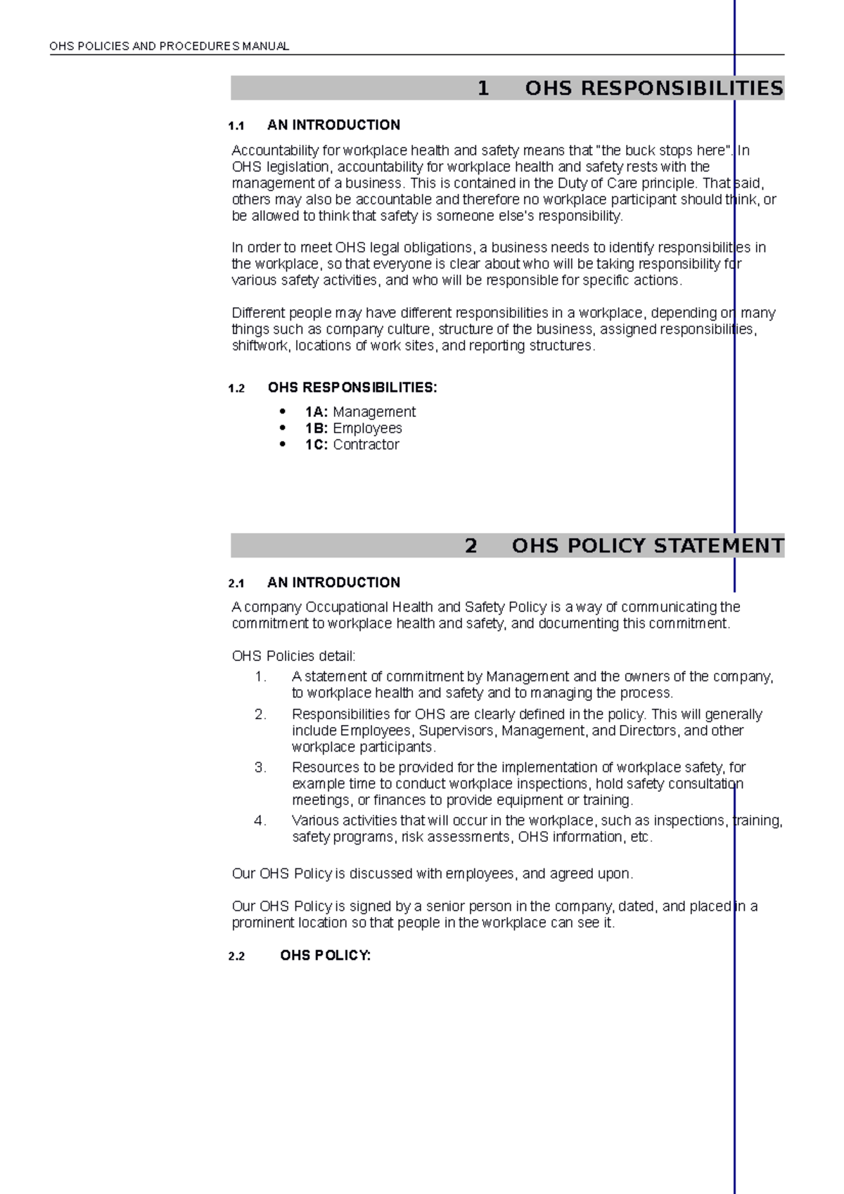 OHS Policies and Procedures Manual - 1 OHS RESPONSIBILITIES 1 AN ...