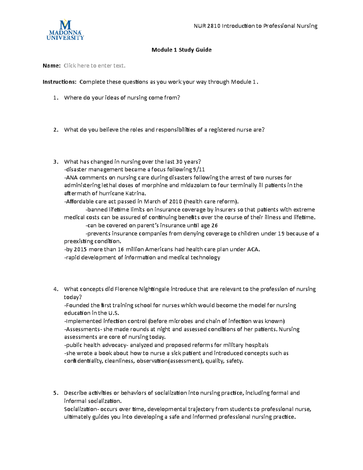 Module 1 Study Guide - NUR 2810 Introduction to Professional Nursing ...