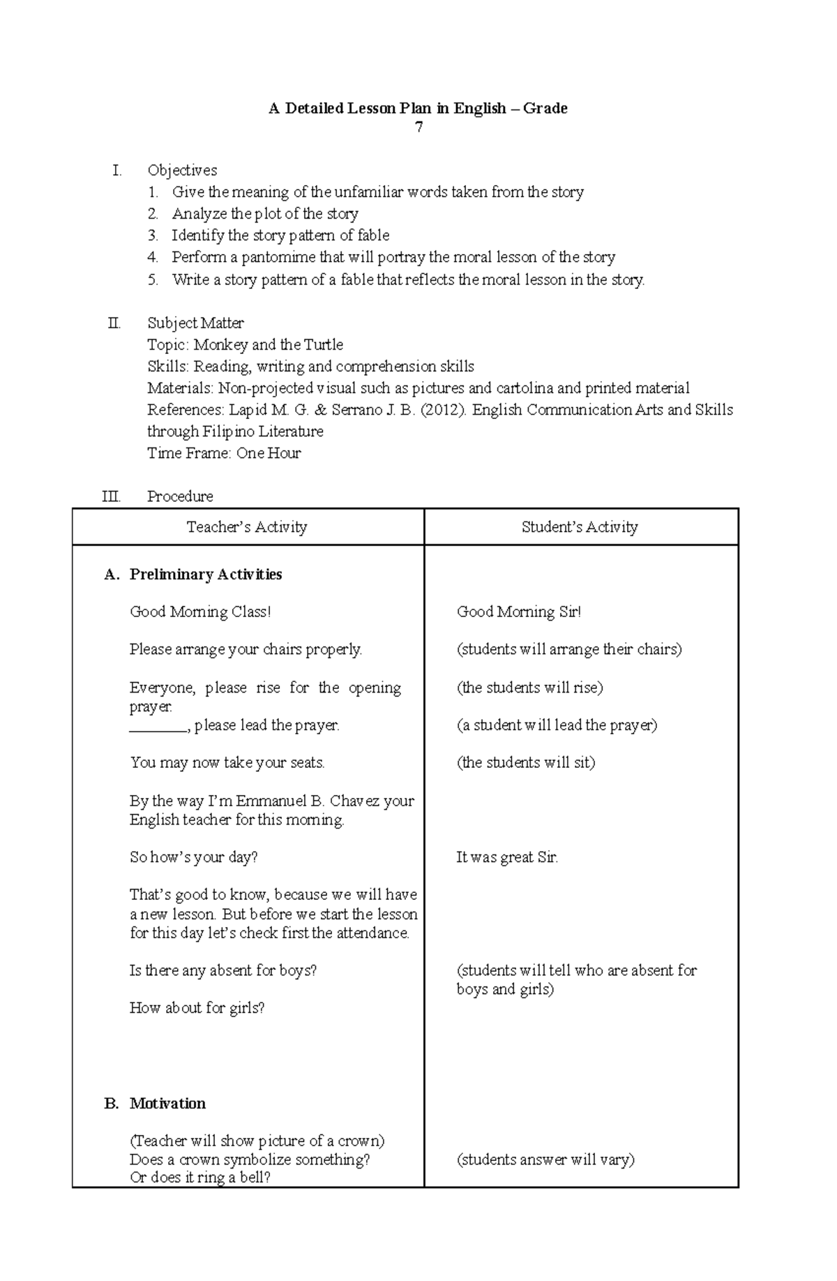 Lesson plan in grade 7 - A Detailed Lesson Plan in English – Grade 7 I ...