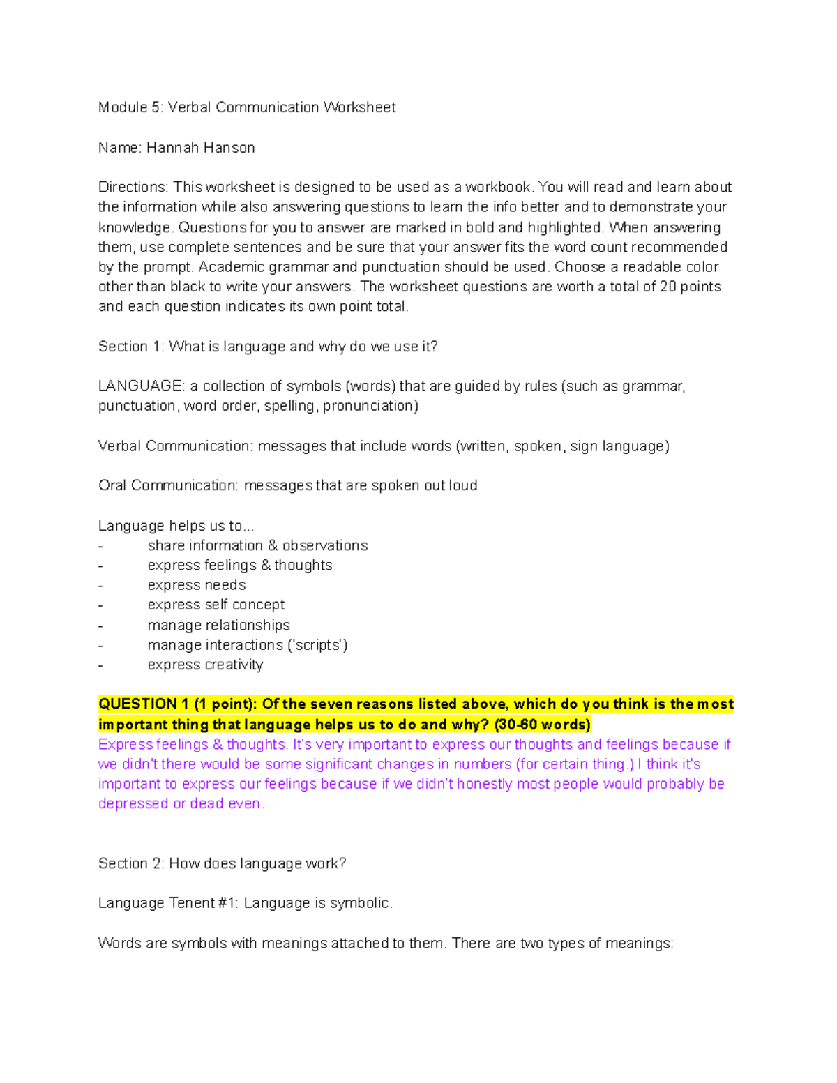 Module 5 Verbal Communication Worksheet - Module 5: Verbal ...