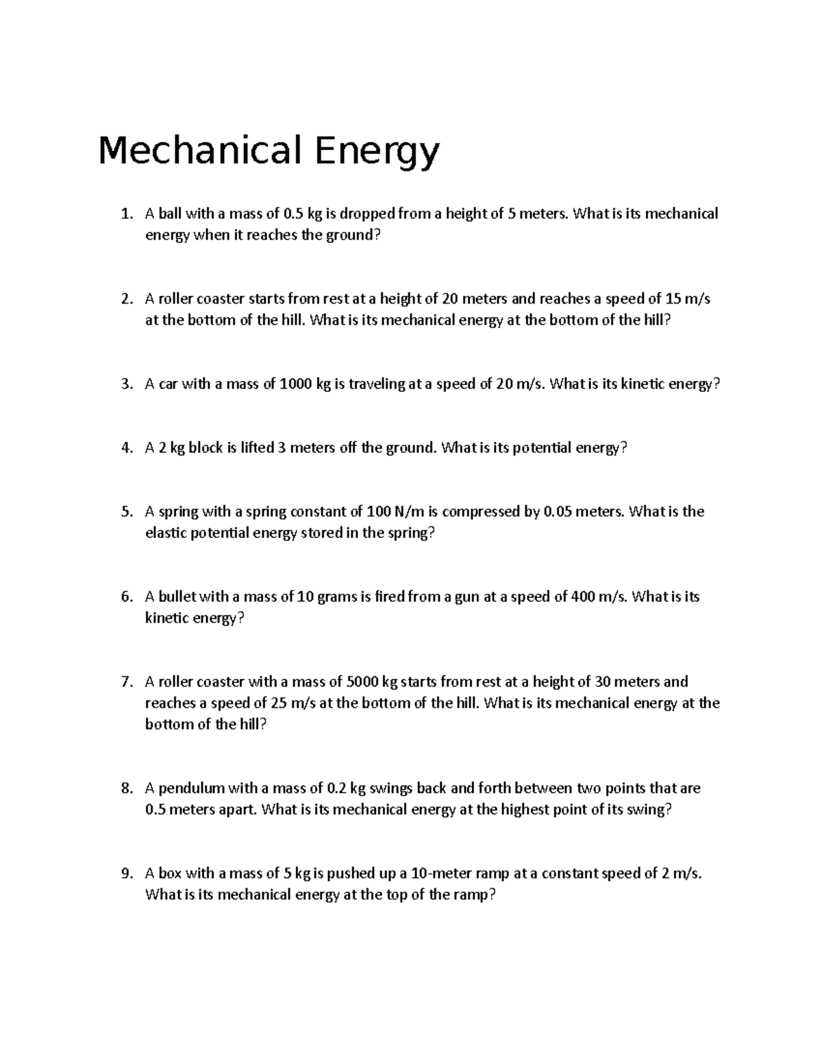 Mechanical Energy - self made worksheet for basic thermodynamics ...