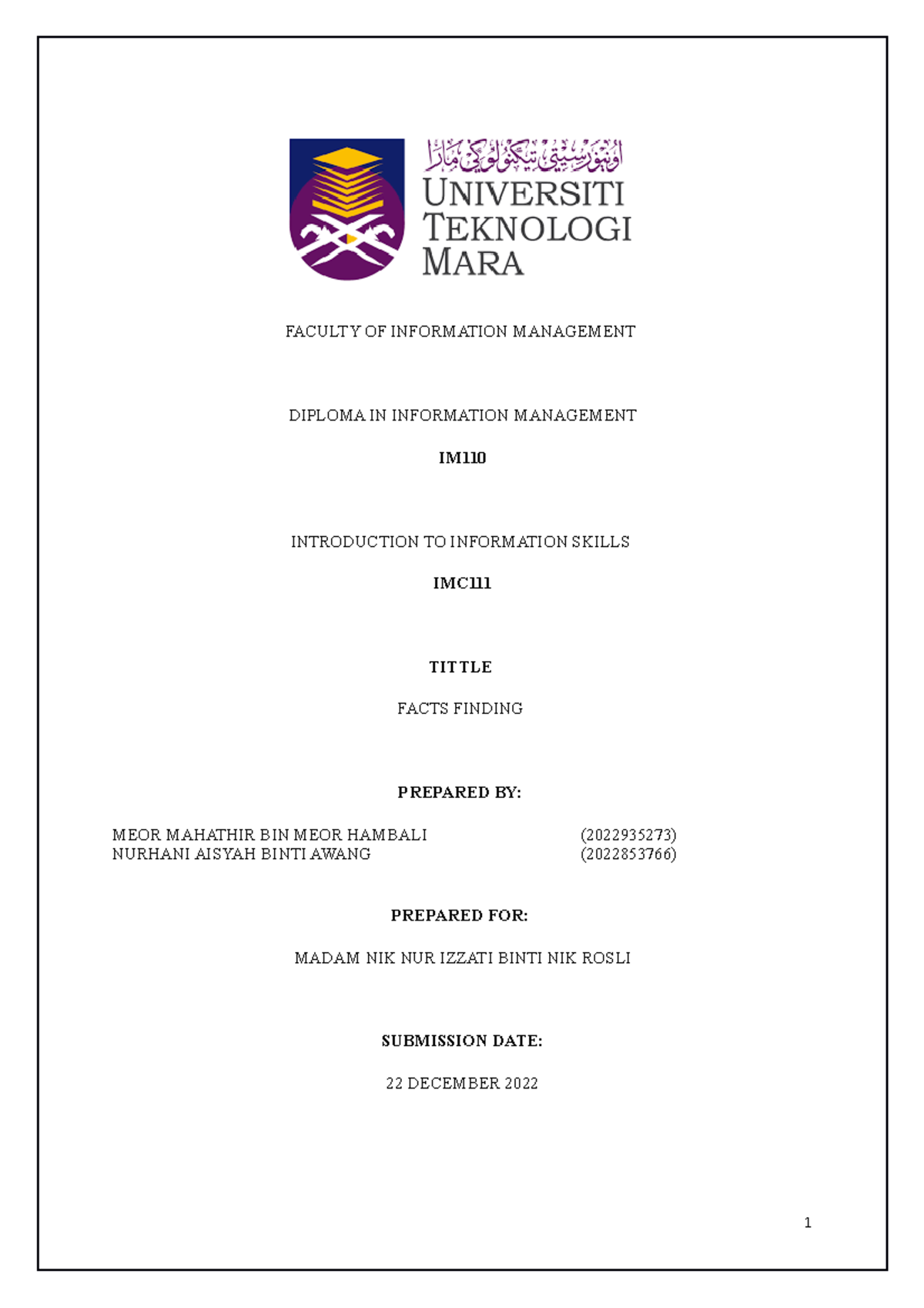 PAIR WORK 2nd Assignment - FACULTY OF INFORMATION MANAGEMENT DIPLOMA IN ...