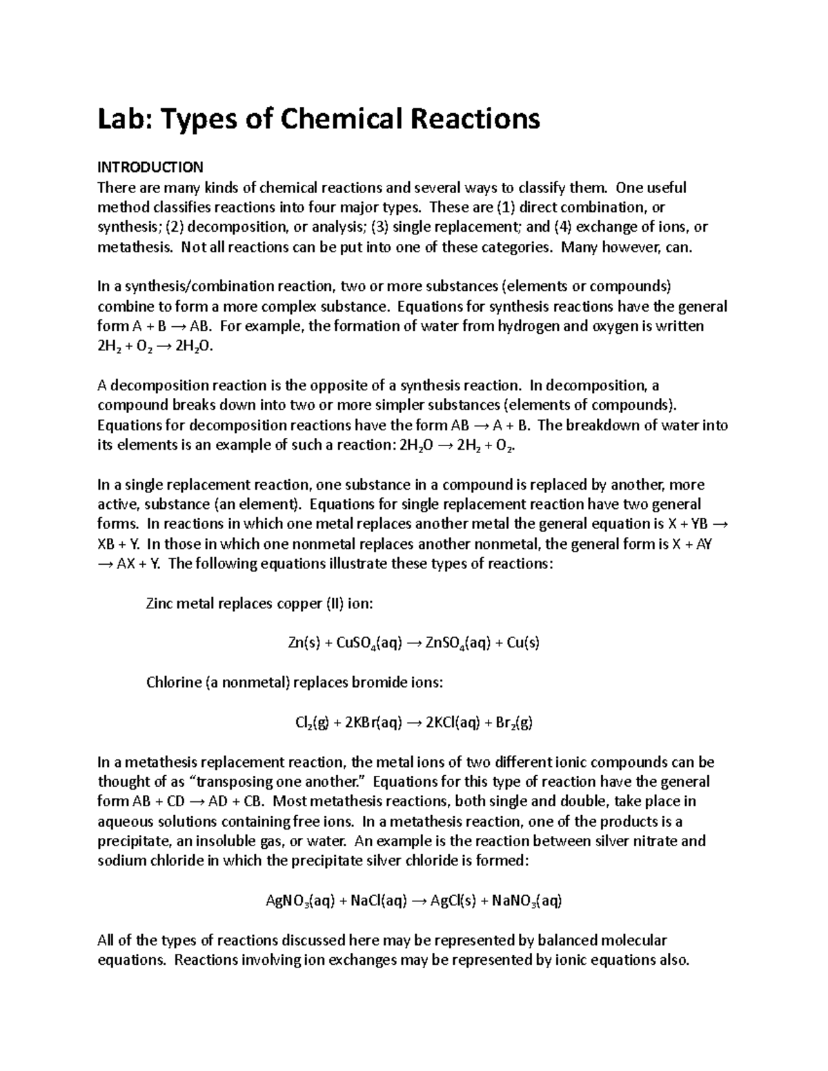 Jacob Gaudite - S- Types of Reactions Lab S - Lab: Types of Chemical ...