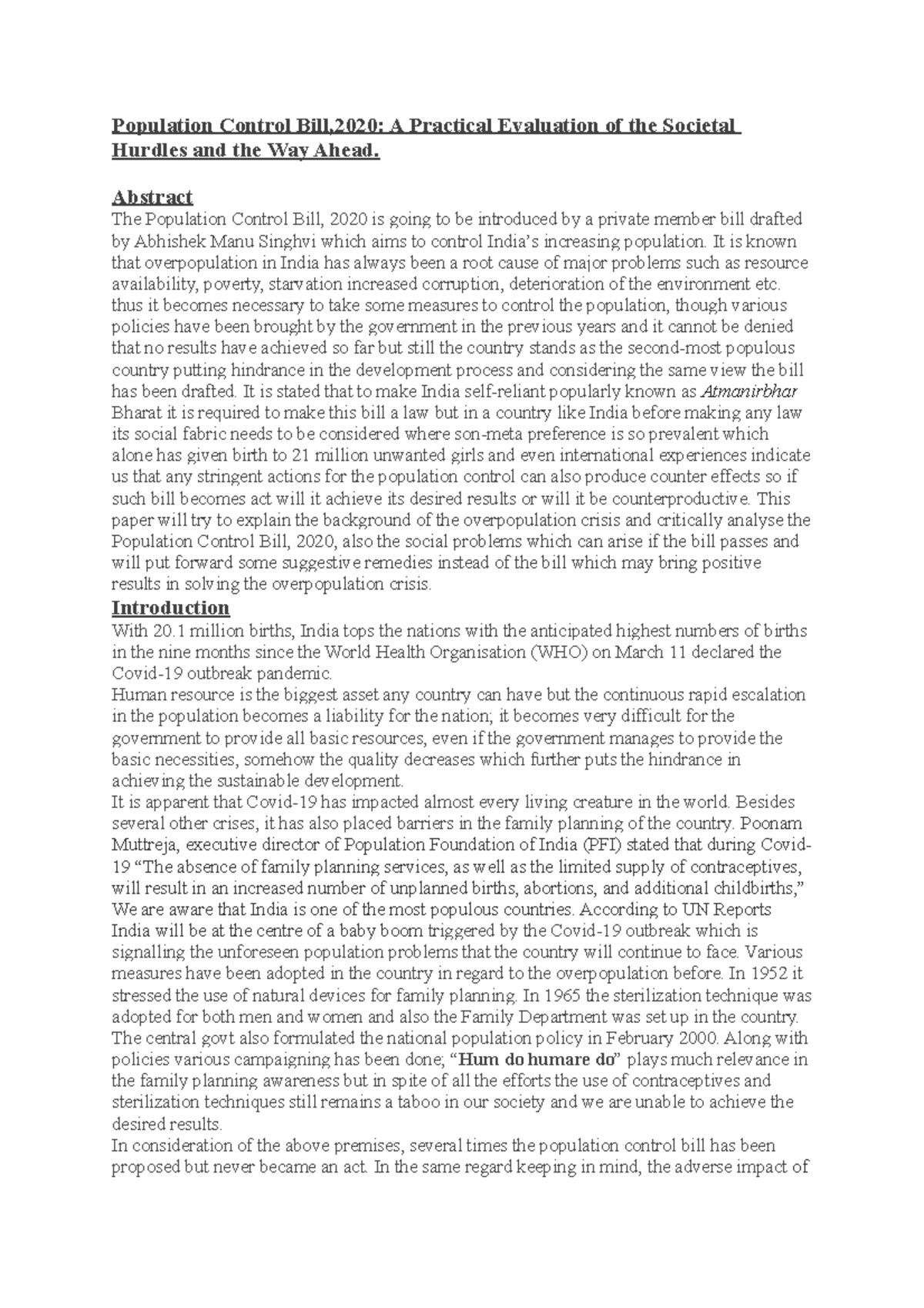 Population Control Bill - Population Control Bill,2020: A Practical ...
