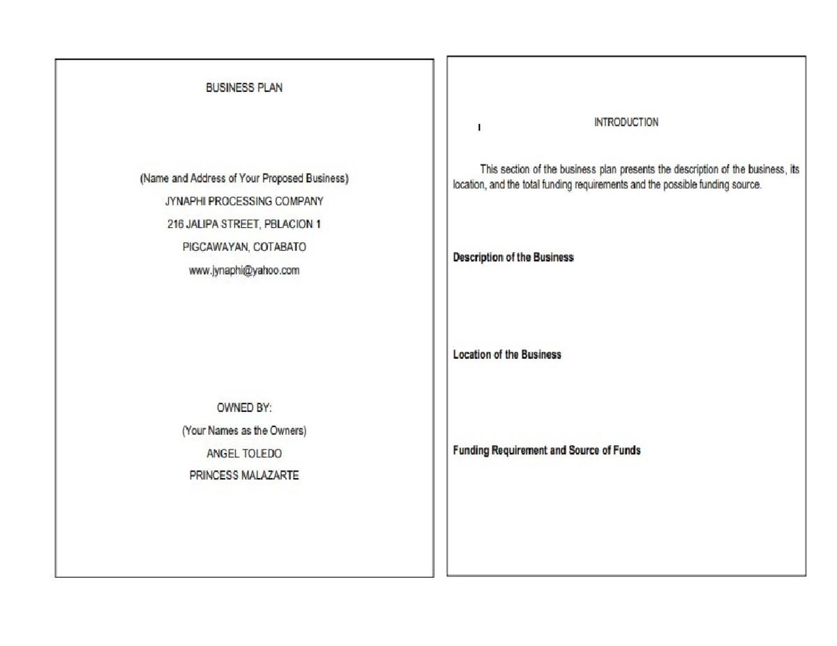 Business PLAN Format - BS Entrepreneurship - I II III IV V VI - Studocu