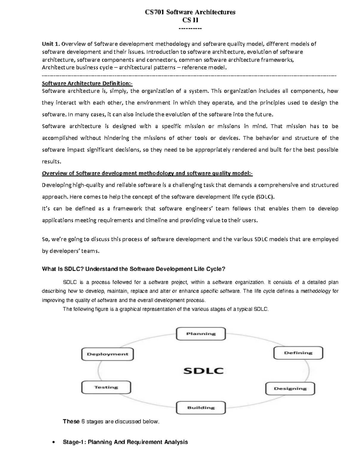 Unit 1 Cs701 Software Architectures Csii New Cs Ii Unit 1 Overview Of Software Development