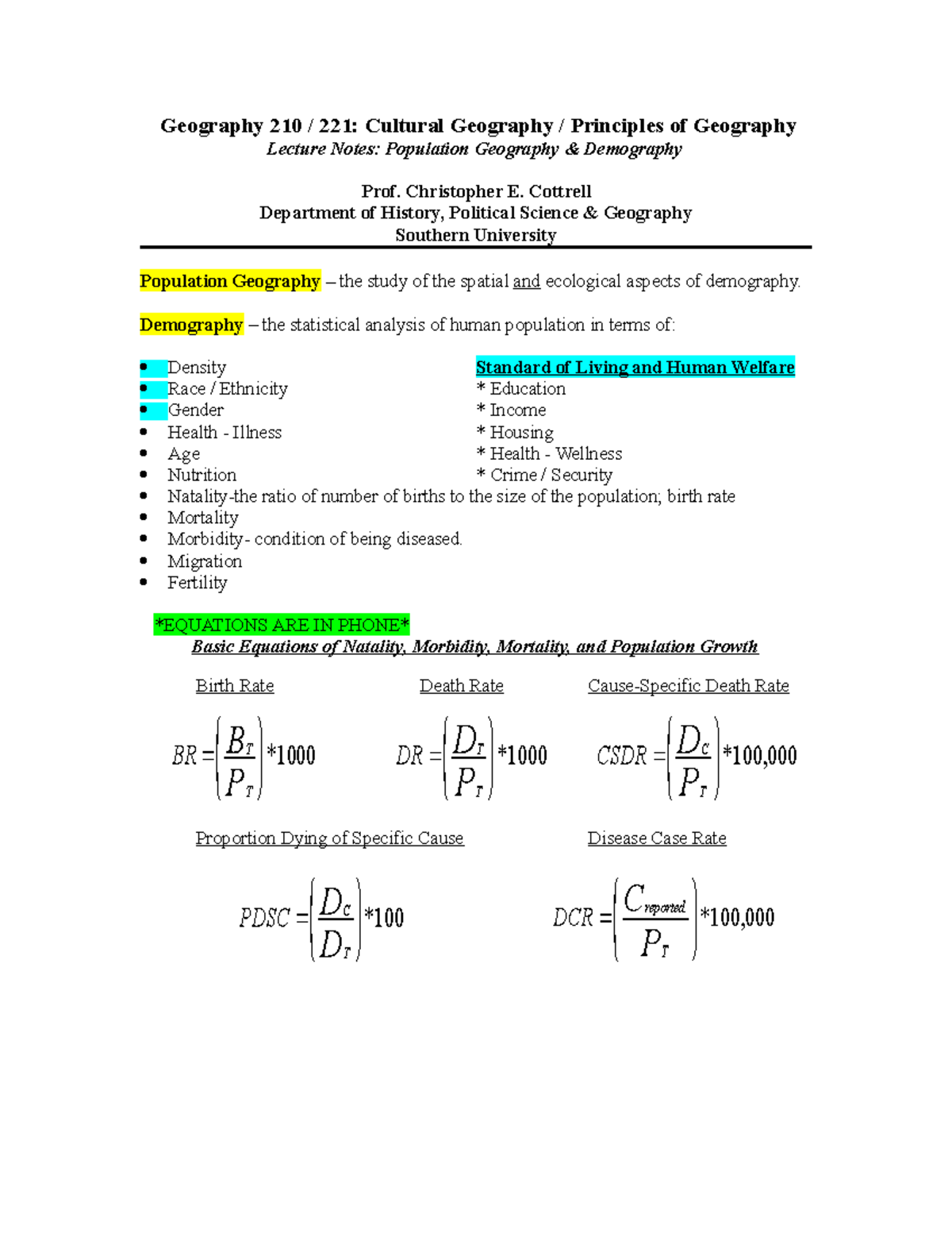 Population Geography Lecture Notes 210-221 - Geography 210 / 221 ...