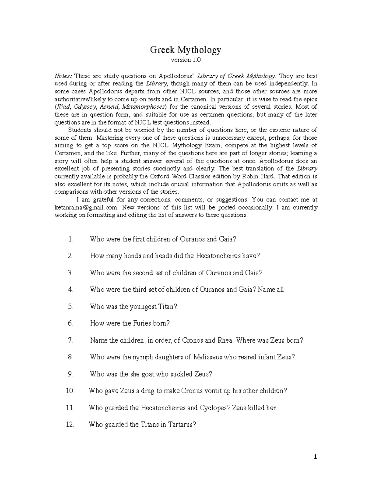 Mythology Study Questions - Greek Mythology version 1. Notes: These are ...