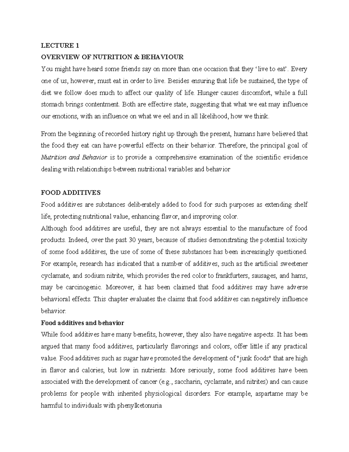 Nutrition & Behavior - LECTURE 1 OVERVIEW OF NUTRITION & BEHAVIOUR You ...