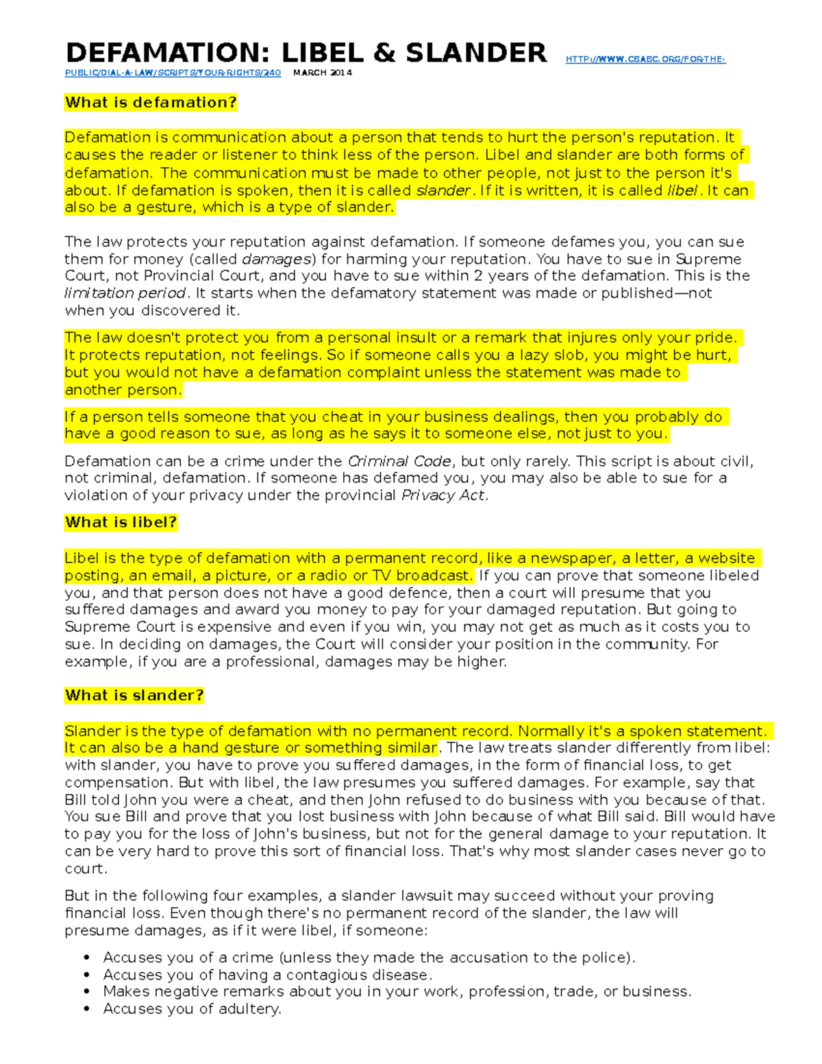 1.4 - defamation - DEFAMATION: LIBEL & SLANDER HTTP:WWW.CBABC/FOR-THE ...