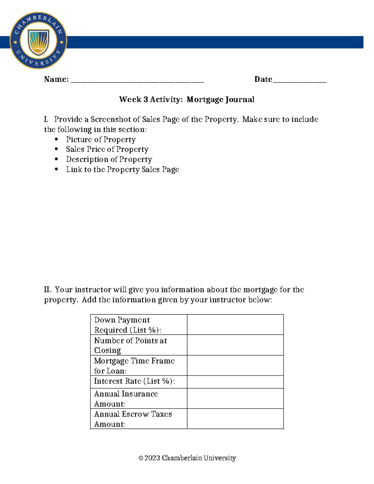 Week 3 Activity Mortgage Journal Template 2023 - Name