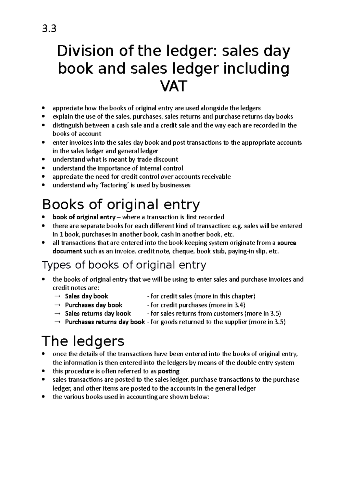 3.3 Division of the ledger- sales day book and sales ledger including ...