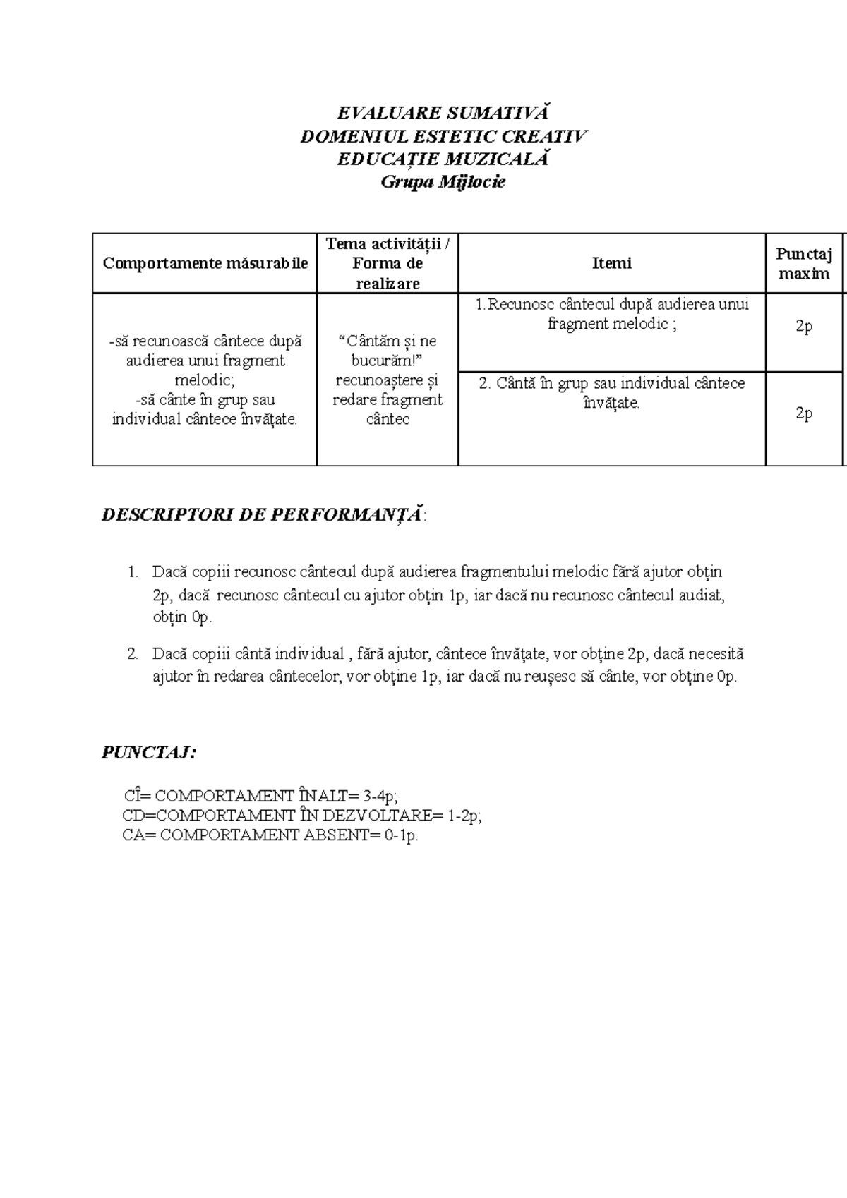 Ed muzicala - EVALUARE SUMATIVĂ DOMENIUL ESTETIC CREATIV EDUCAȚIE ...