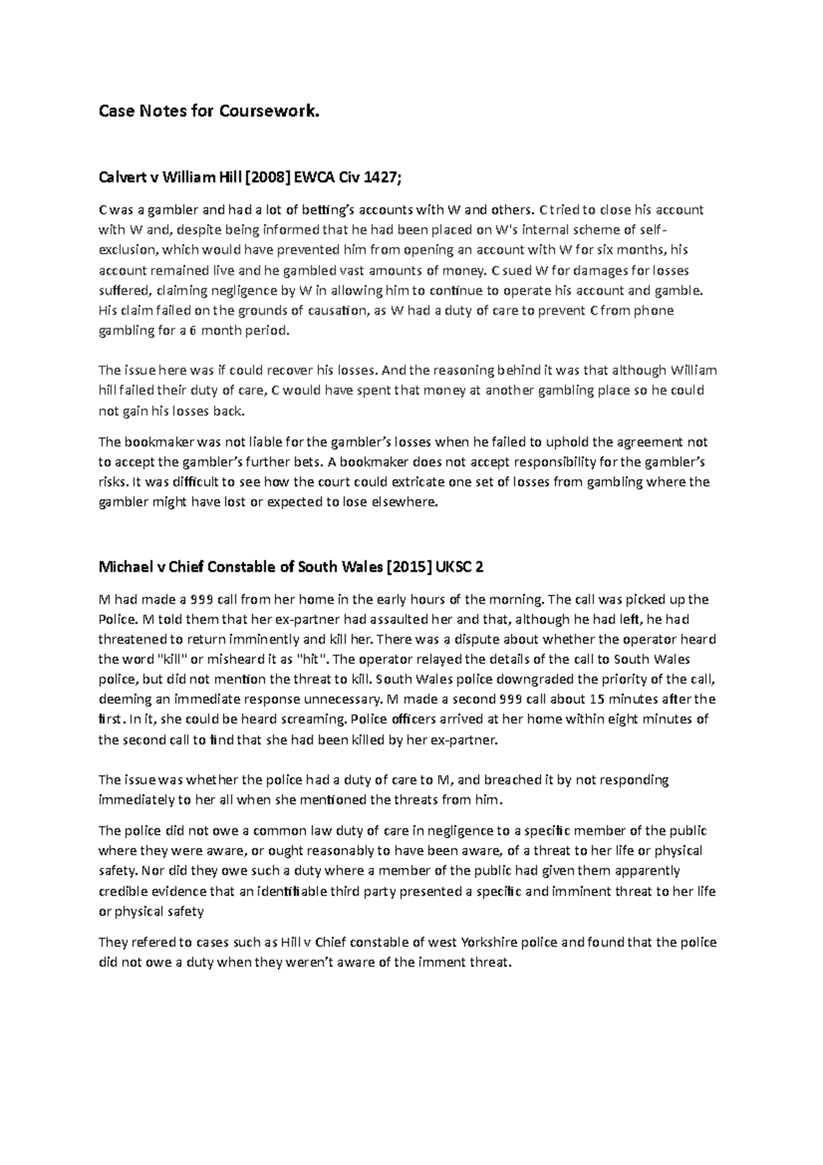 Case Notes for Coursework - Calvert v William Hill [2008] EWCA Civ 1427 ...
