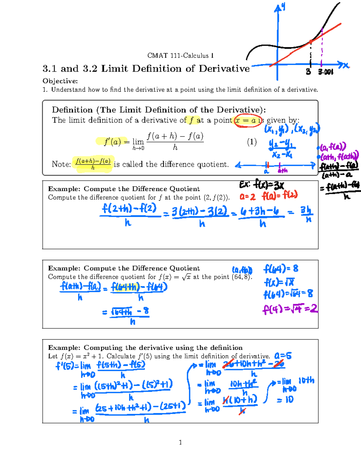 Section 3.1 and 3.2 notes - CMAT 111-Calculus I 3 and 3 Limit ...