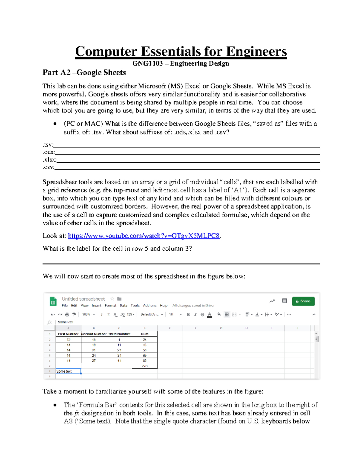 Computer lab Google Sheets v4 - Computer Essentials for Engineers GNG1103 – Engineering Design ...