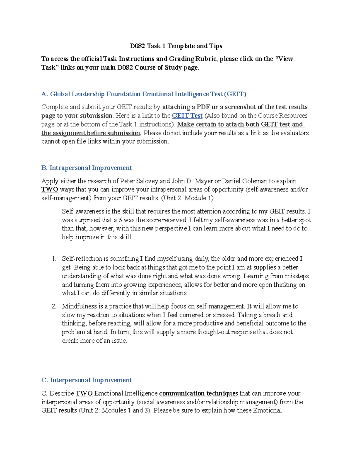 D082 Task 1 Tony Brown - D082 Task 1 Template and Tips To access the ...