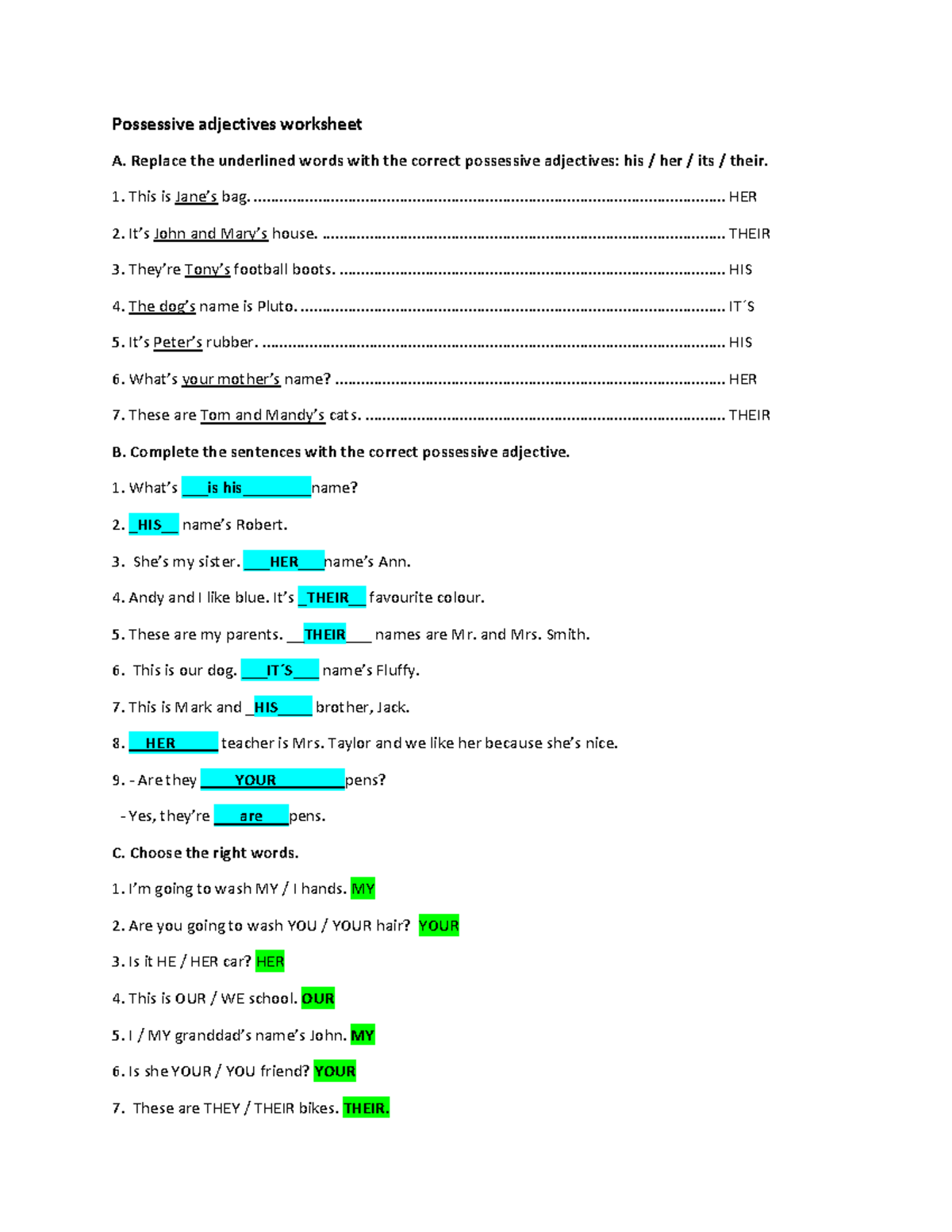 Possessive adjectives worksheet (5) - Replace the underlined words with ...