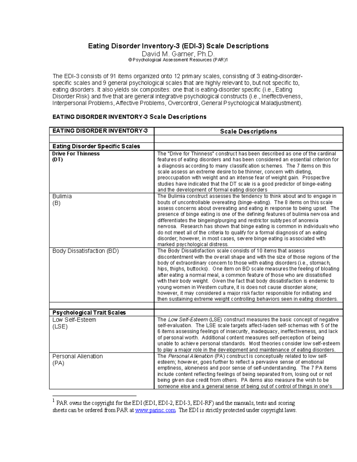 EDI-3-Scale - EdI 3 escala - Eating Disorder Inventory-3 (EDI-3) Scale Descriptions David M ...