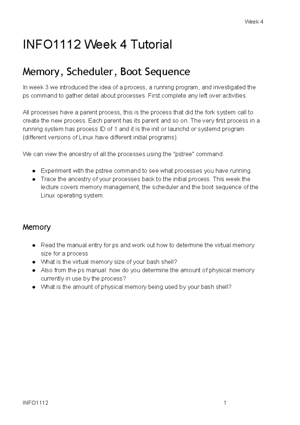 Week 4 Lab Boot Week 4 Lab Week 4 Info1112 Week 4 Tutorial Memory Scheduler Boot Sequence