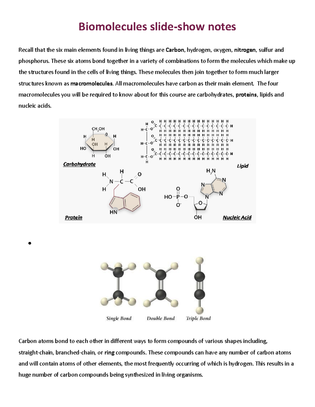 Macromolecules Notes-Chapter 6.3 Biology Grade 9 - Biomolecules slide ...