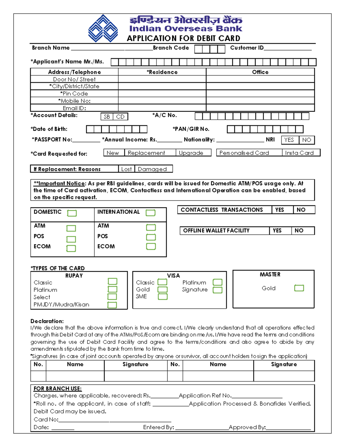 New Debit Card Application Form - APPLICATION FOR DEBIT CARD Branch ...