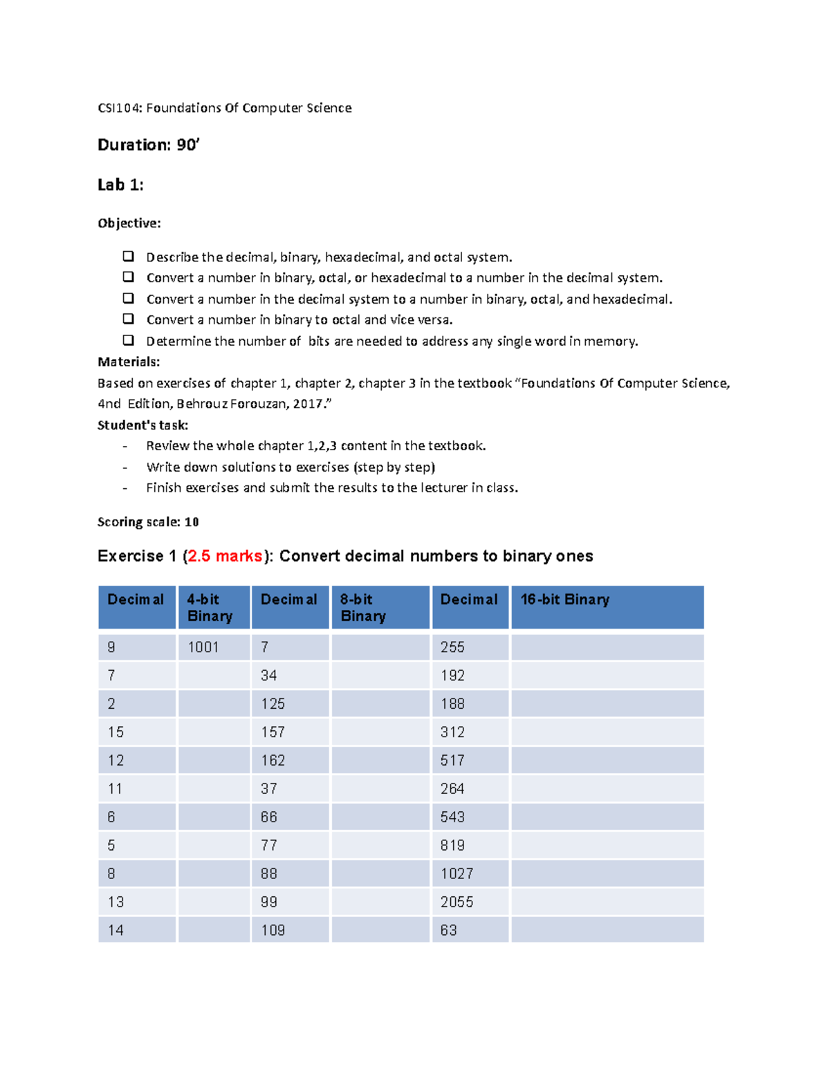 CSI104 Lab 01 - kkkkk - CSI104: Foundations Of Computer Science Duration: 90’ Lab 1: Objective ...