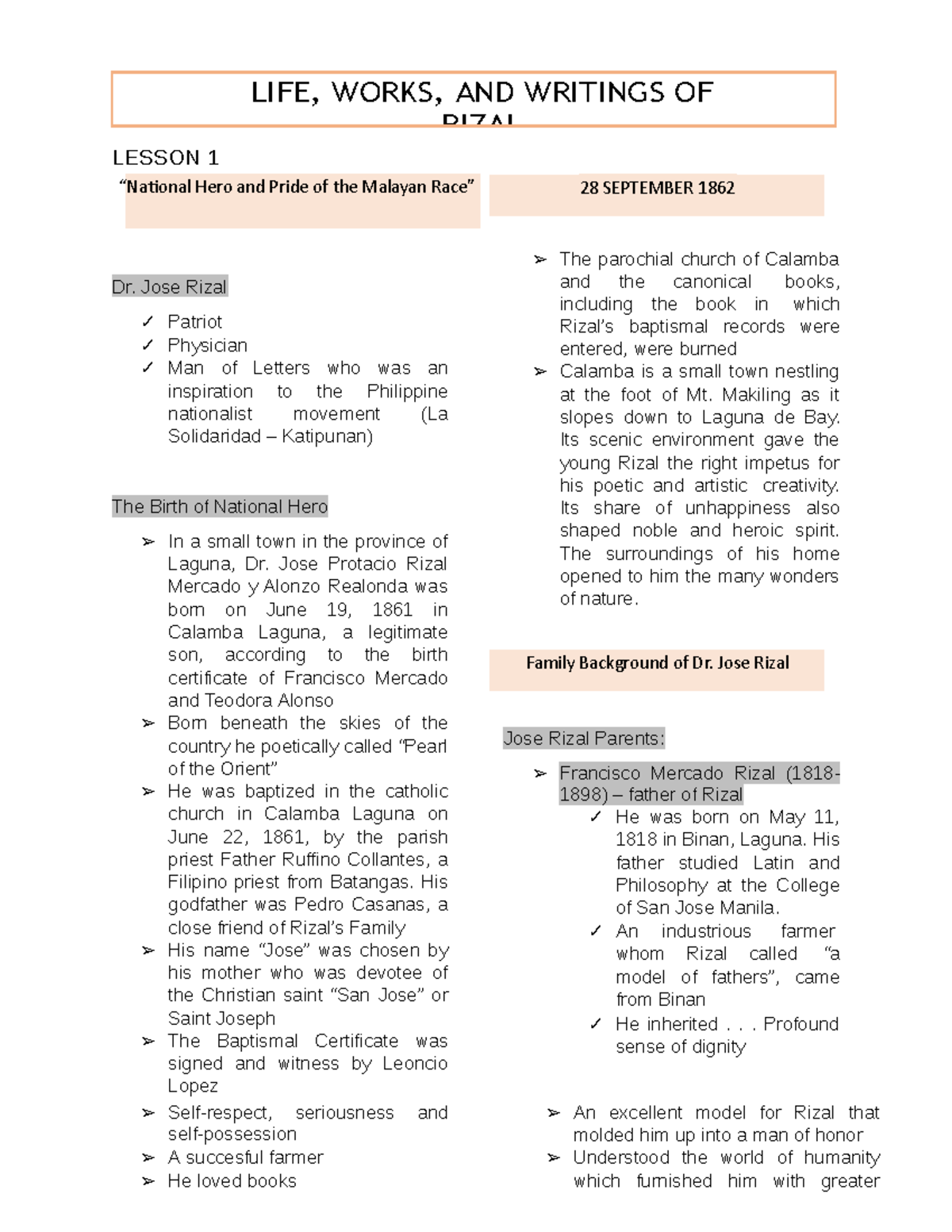 Rizal First SEM 1 - reviewer - “National Hero and Pride of the Malayan ...