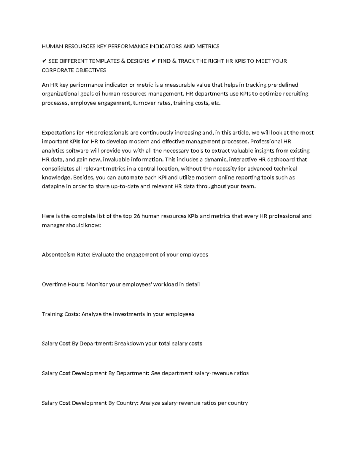 Human Resources KEY Performance Indicators AND Metrics - HUMAN ...