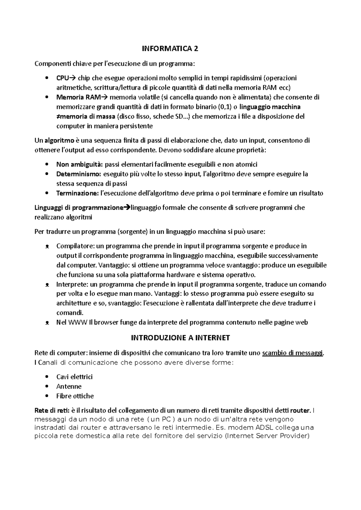 Appunti Informatica - INFORMATICA 2 Componenti chiave per l’esecuzione di un programma: CPU chip ...