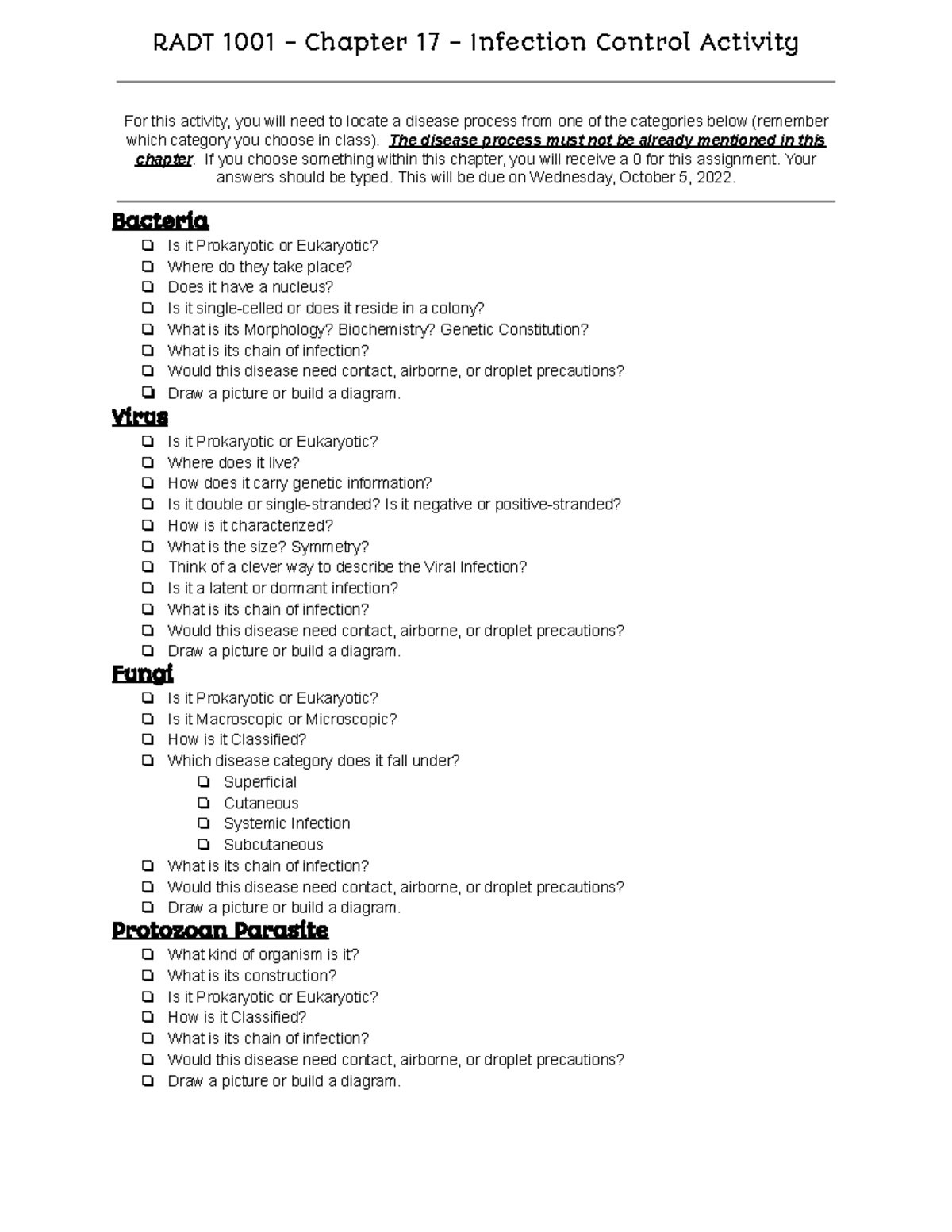 RADT 1001 Infection Control HW - RADT 1001 - Chapter 17 - Infection ...