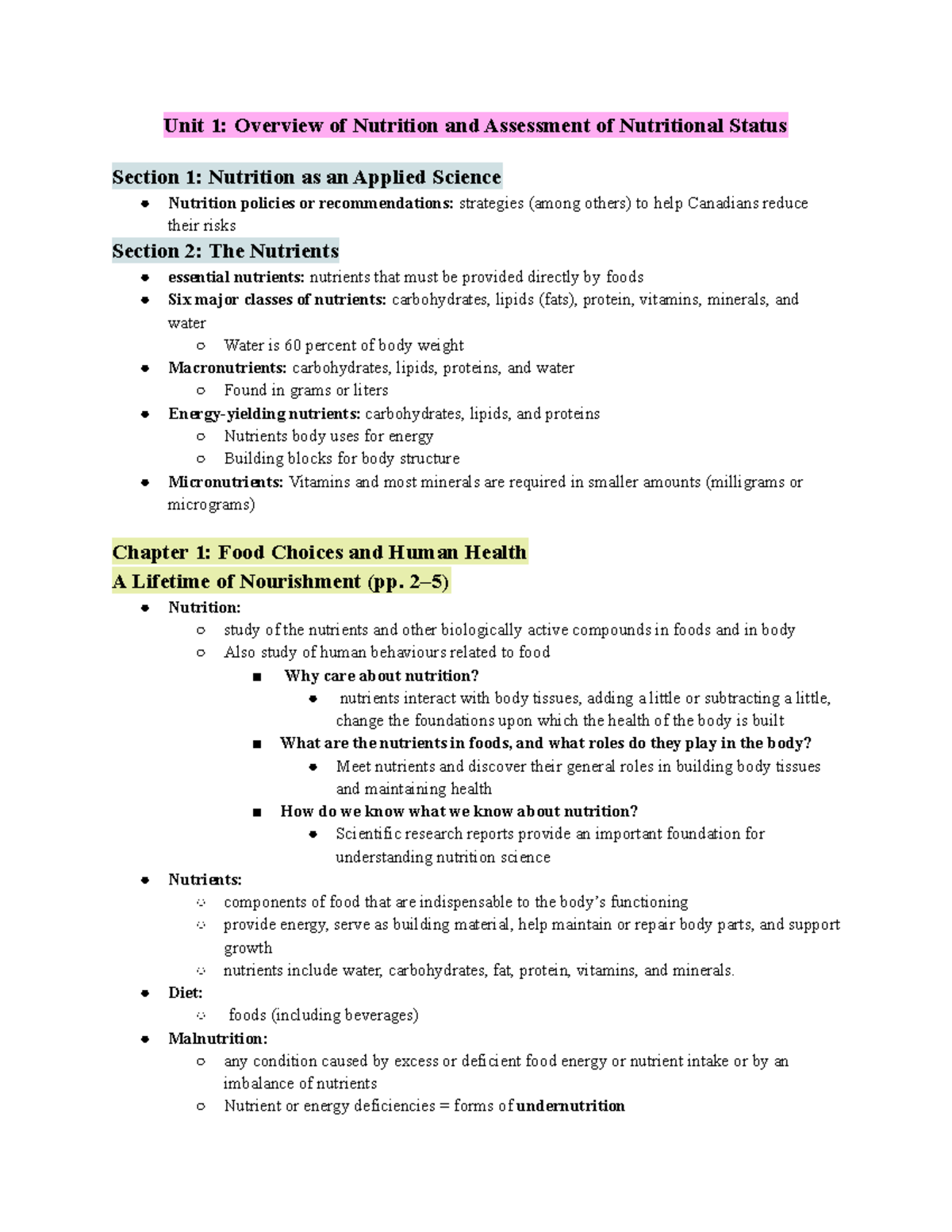 Nutr331 Unit 1 Textbook and Study Guide Notes - Unit 1: Overview of ...