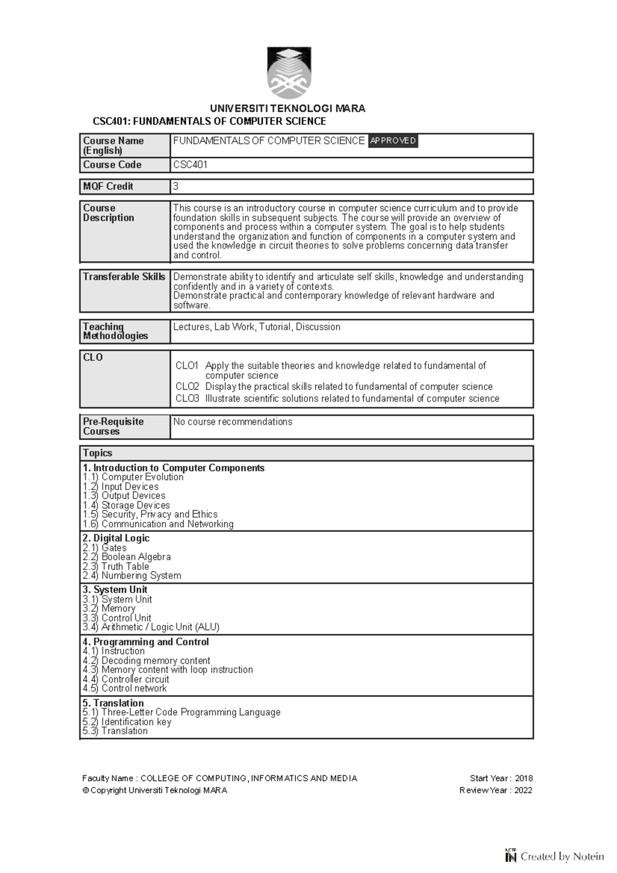 Csc401 - UNIVERSITI TEKNOLOGI MARA CSC401: FUNDAMENTALS OF COMPUTER ...