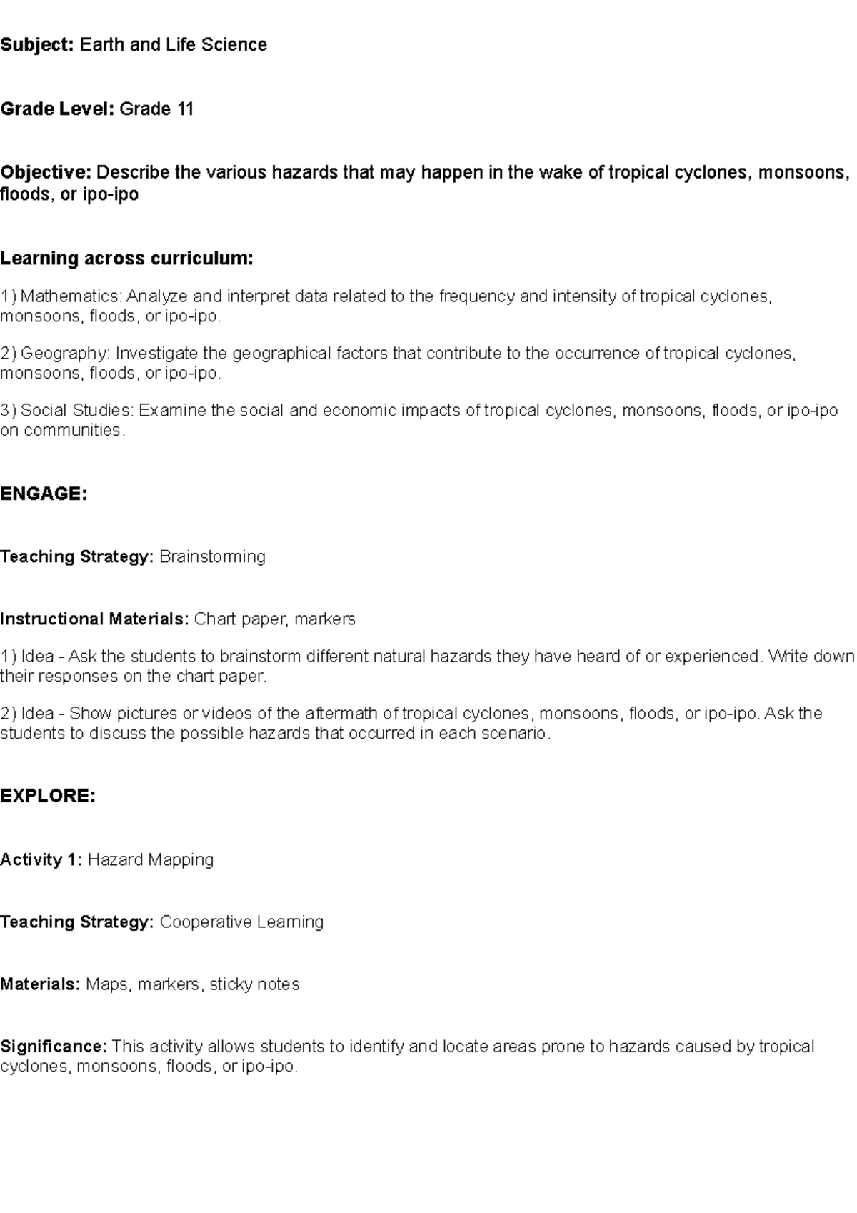 Lesson plan-hydrometeorological - Subject: Earth and Life Science Grade ...