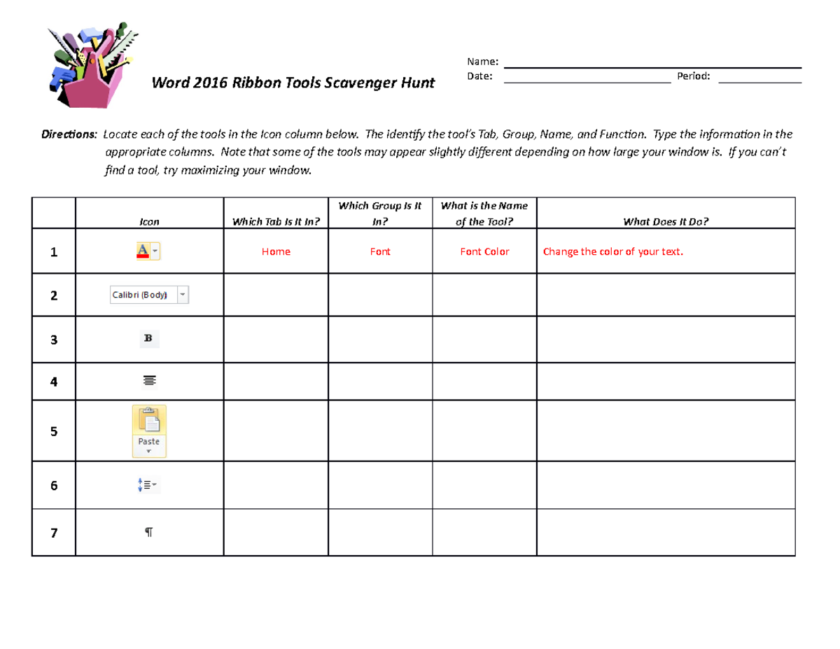 Word 2016 ribbon tools scavenger hunt 2 - Name: Date: Period ...