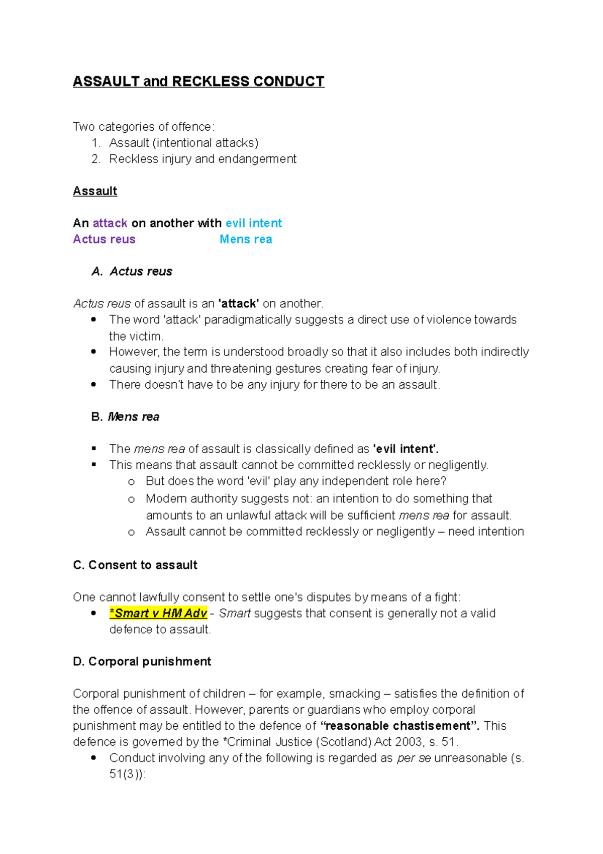 Assault and Reckless Conduct - ASSAULT and RECKLESS CONDUCT Two ...
