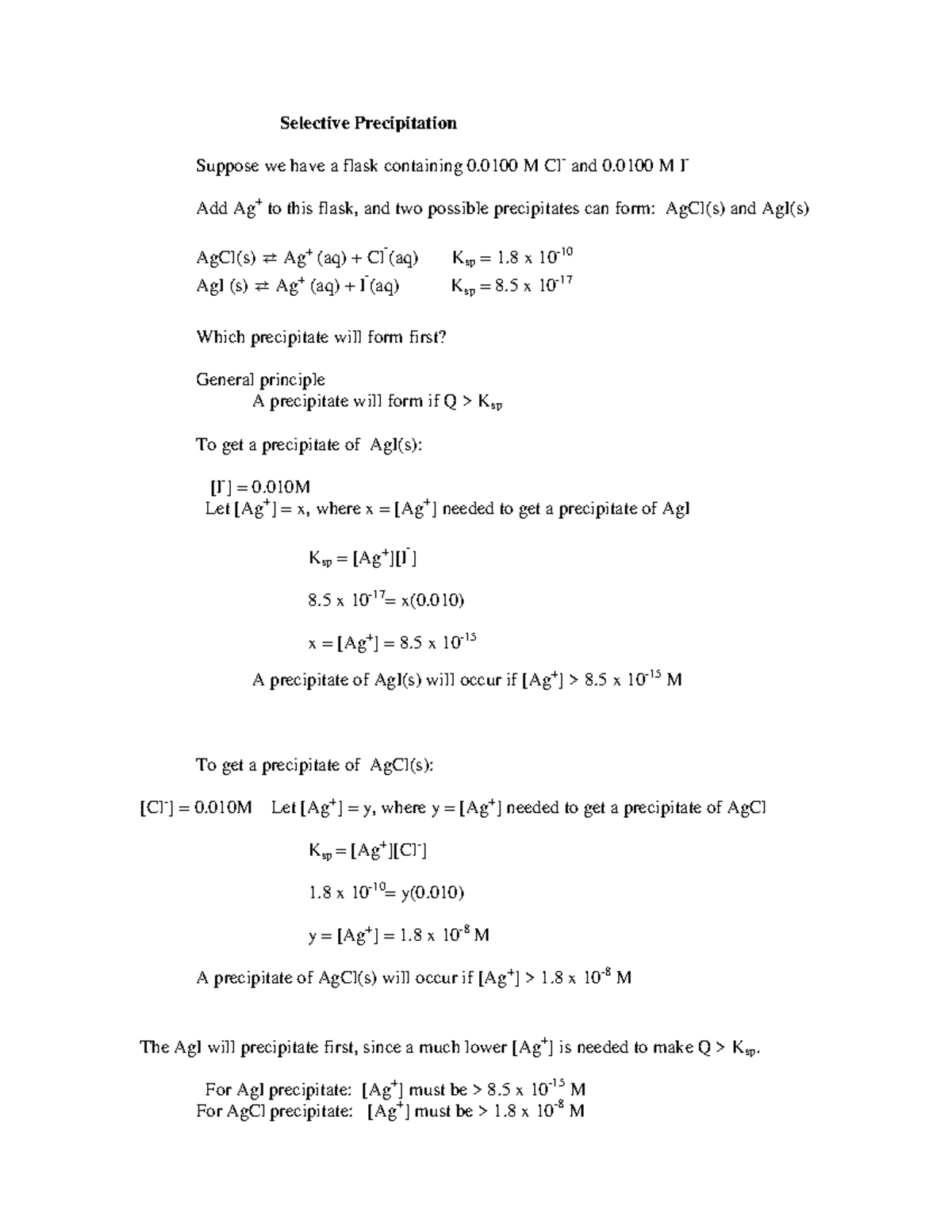 Gen Chem 2 - Lecture 15 - Selective Precipitation Suppose we have a ...