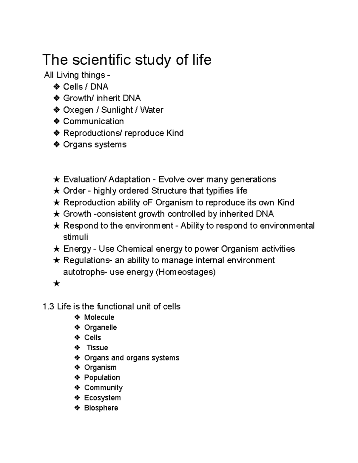 Biology Chapter 1 - The scientific study of life All Living things ...