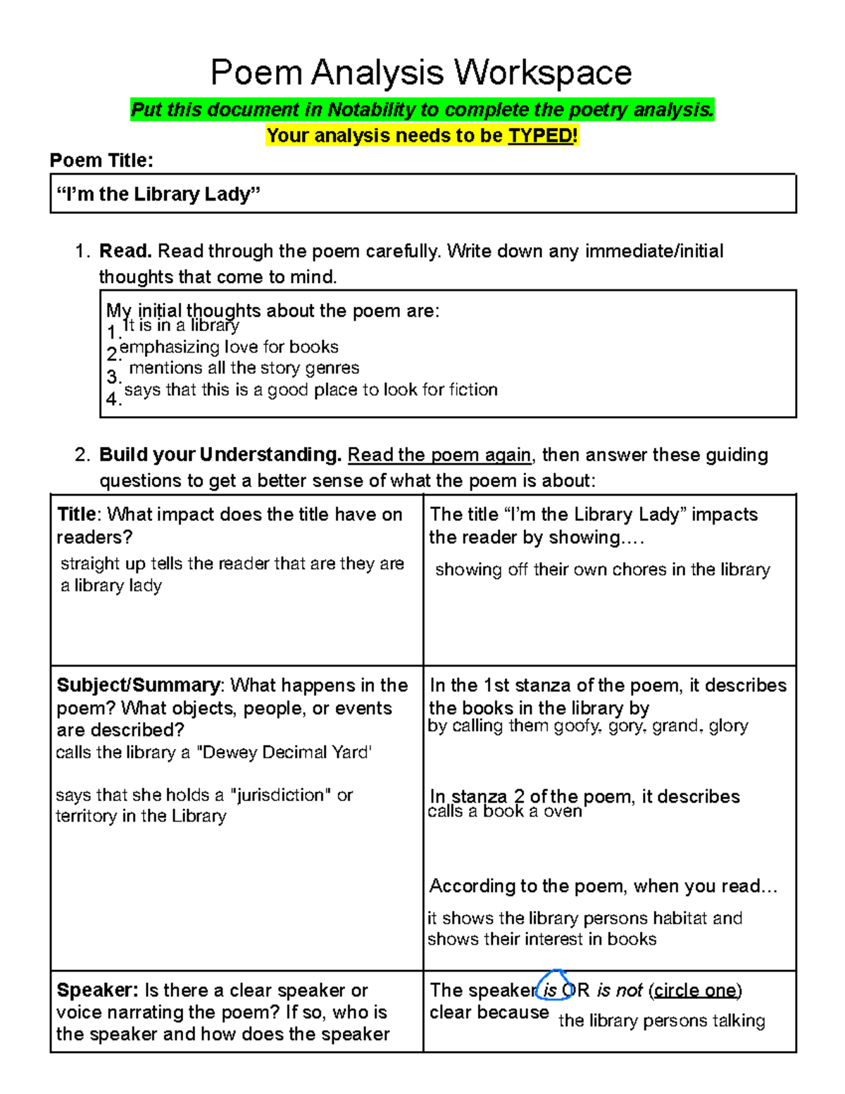 "I'm the Library Lady" Poem Analysis Workspace 2021-2022 - Poem ...