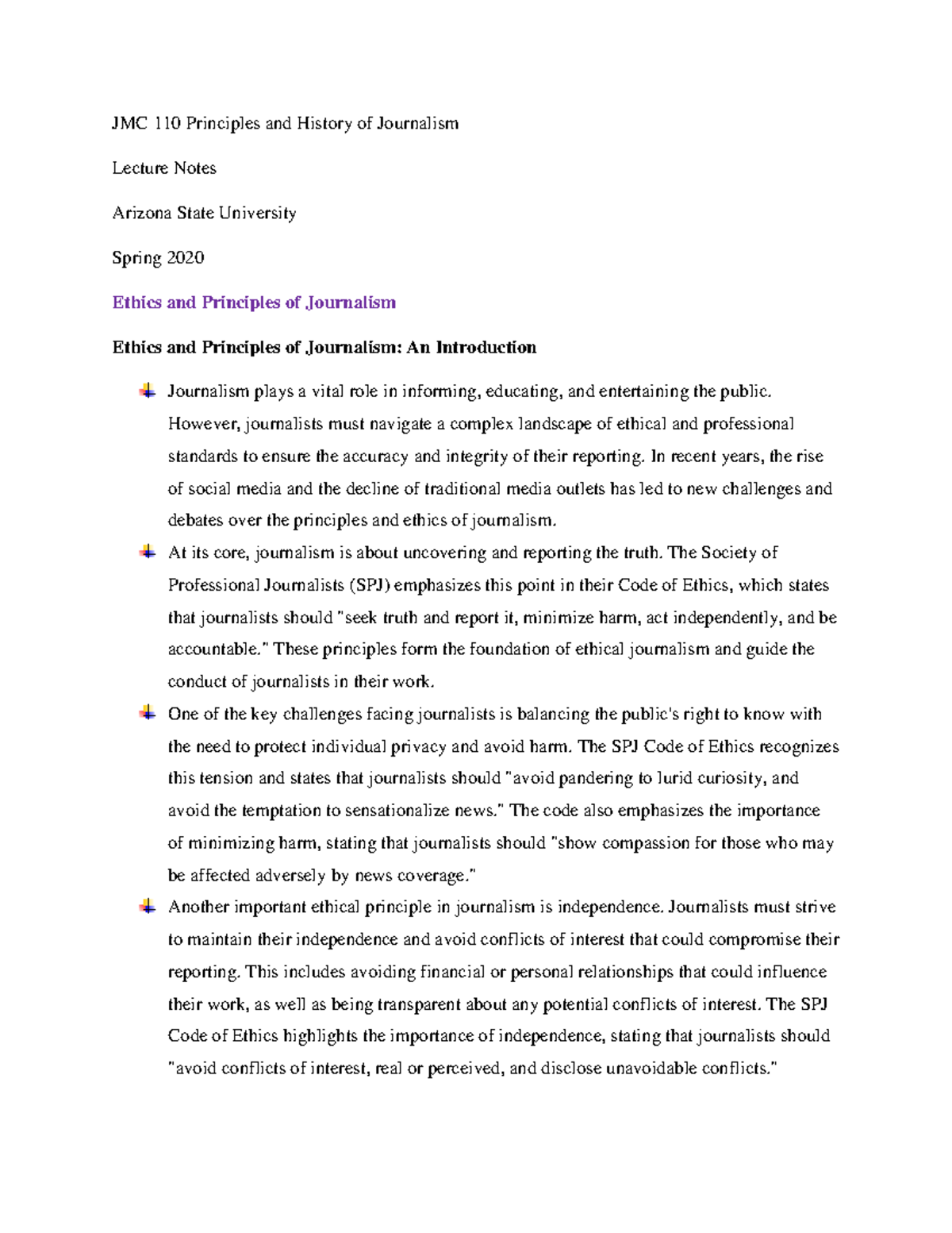JMC 110 Lecture Notes 2-Ethics and Principles of Journalism - JMC 110 ...
