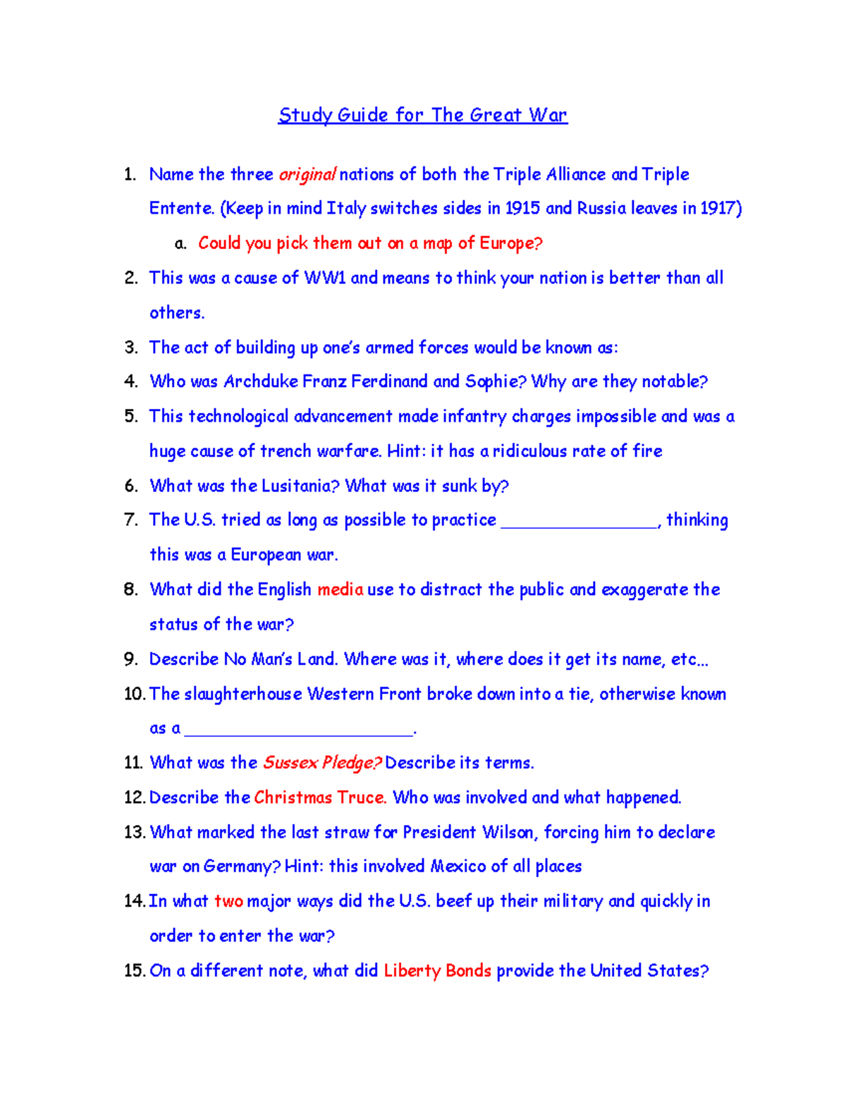 Study+Guide+for+The+Great+War - Study Guide for The Great War Name the ...