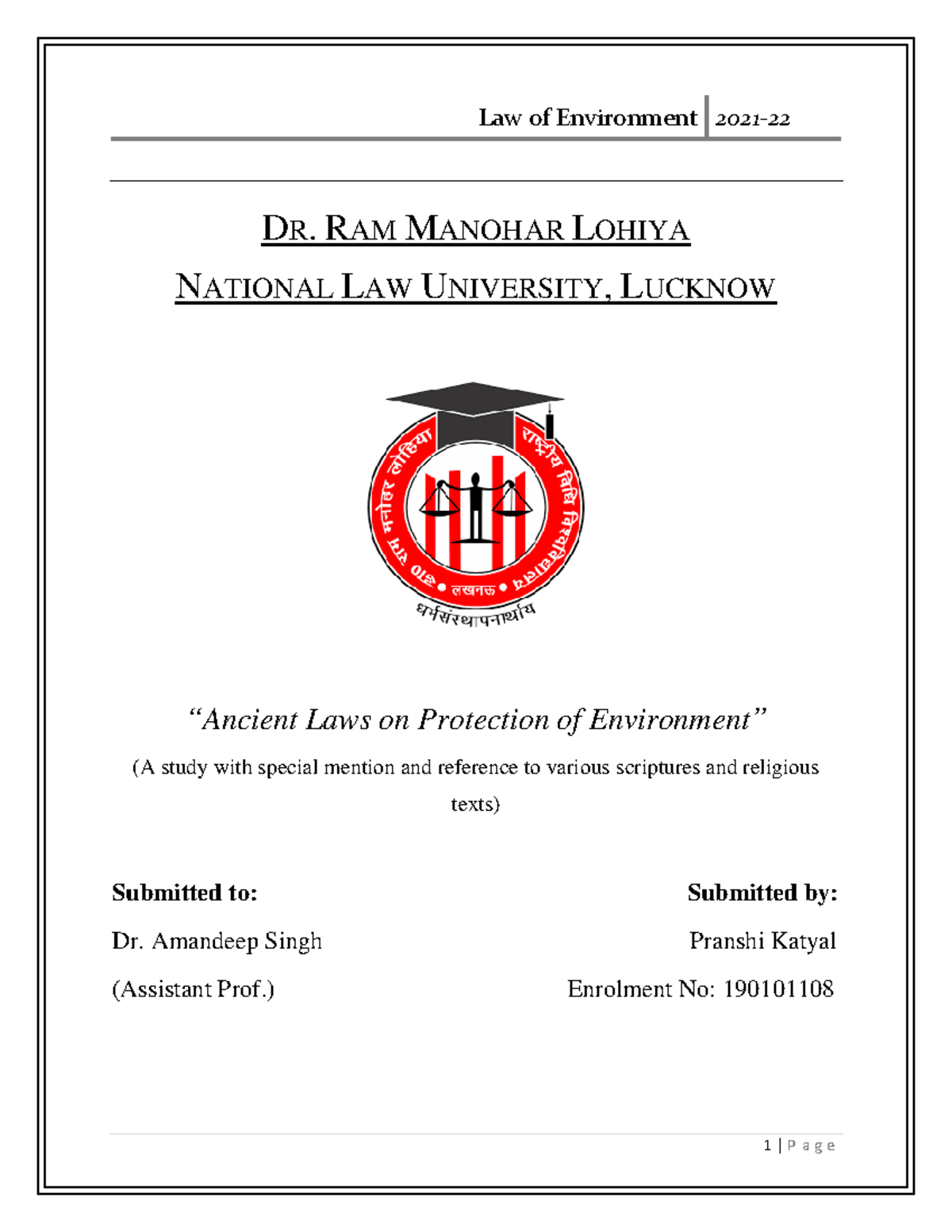 Environmental Law Project Pranshi (190101108) - DR. RAM MANOHAR LOHIYA ...