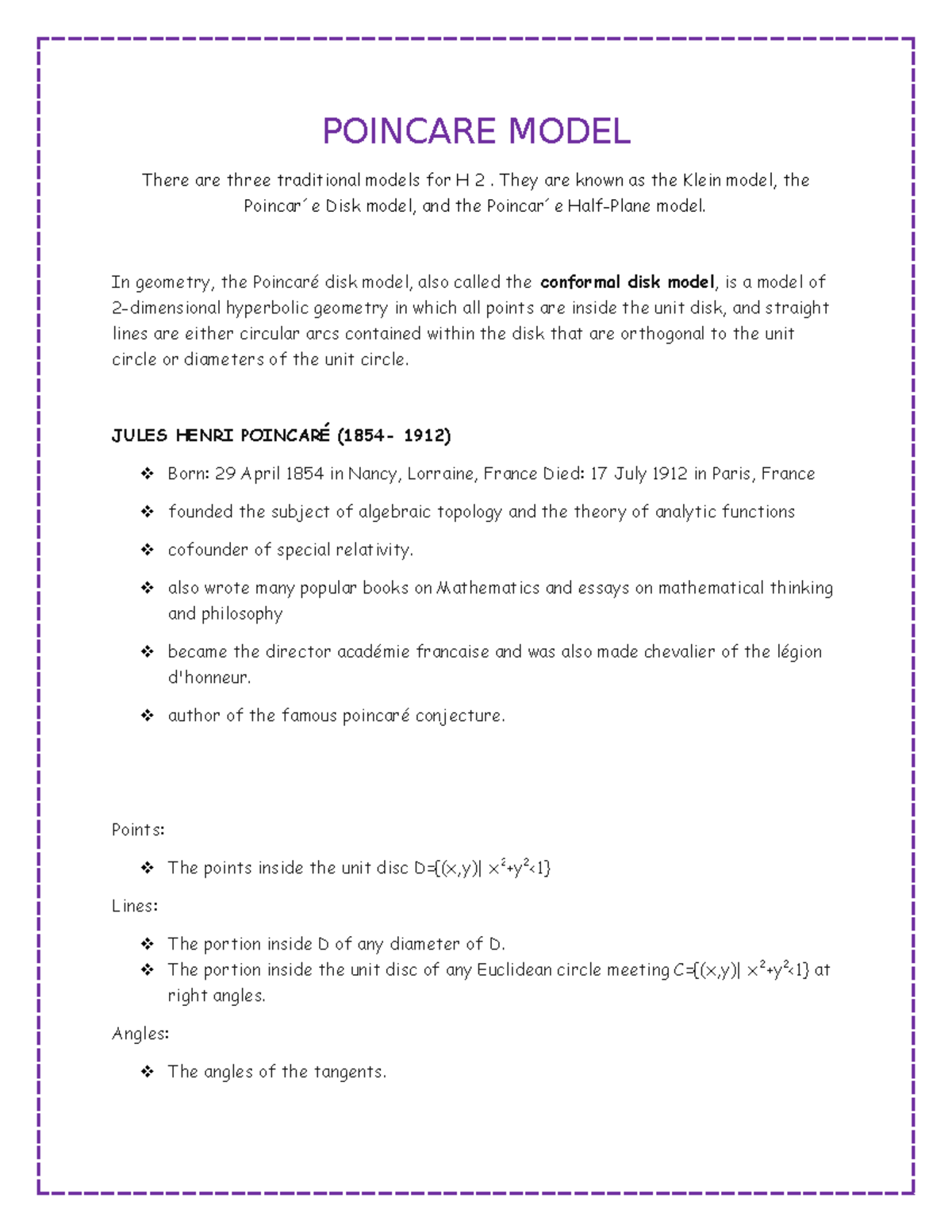 Poincare Model - POINCARE MODEL There are three traditional models for ...
