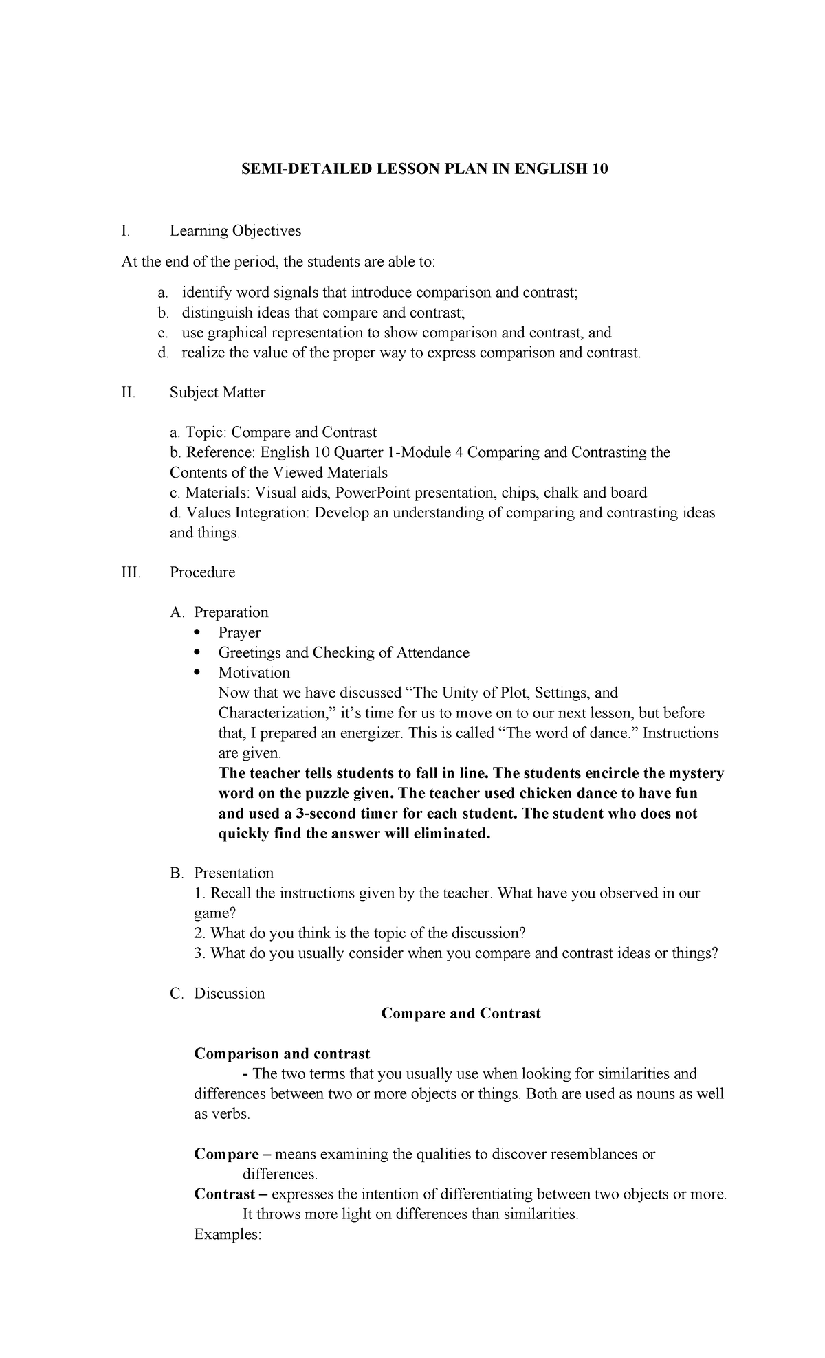 Day 4 - Compare and Contrast - SEMI-DETAILED LESSON PLAN IN ENGLISH 10 ...