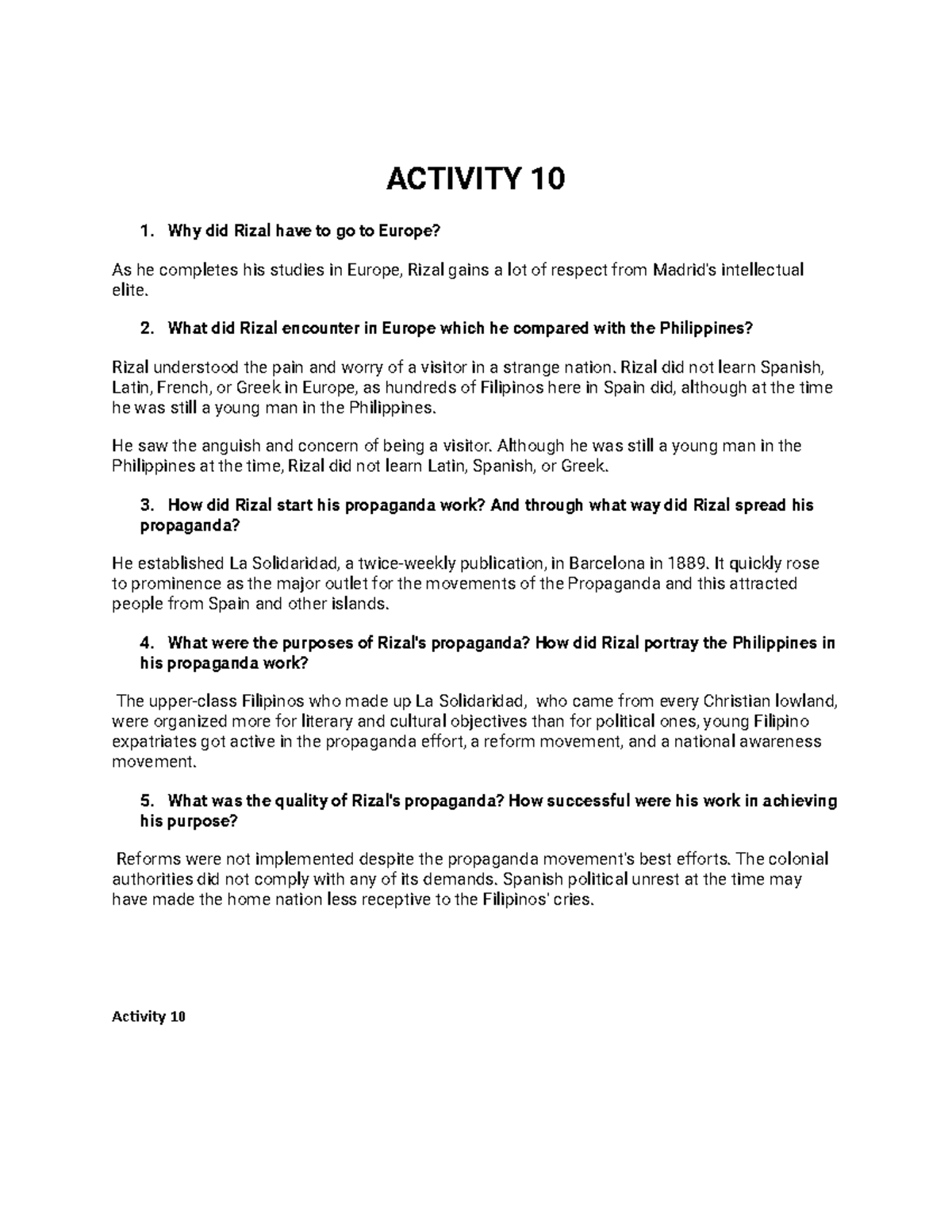 RN10 - Rizal-Chapter-10 - ACTIVITY 10 Why did Rizal have to go to ...
