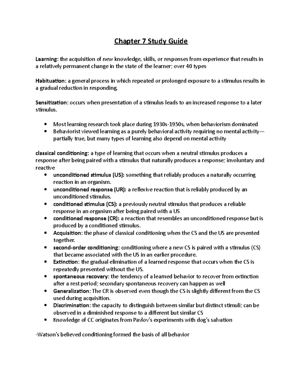 Chapter 7 Study Guide - Chapter 7 Study Guide Learning: the acquisition ...